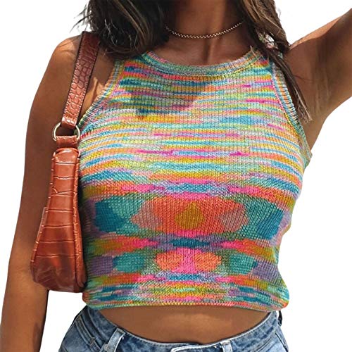 Women Basic Ribbed Knit Tie Dye Tank Top Crew Neck Sleeveless Crop Top Y2K Summer Camisole Vest Top (A Colorful, XL)