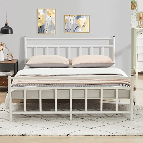 GreenForest Full Size Bed Frame with Headboard Metal Platform Bed Heavy Duty No-Noise Steel Slats Support Mattress Foundation, No Box Spring Needed, White