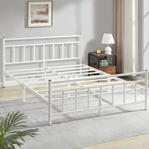 GreenForest Full Size Bed Frame with Headboard Metal Platform Bed Heavy Duty No-Noise Steel Slats Support Mattress Foundation, No Box Spring Needed, White