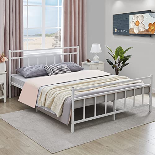 GreenForest Full Size Bed Frame with Headboard Metal Platform Bed Heavy Duty No-Noise Steel Slats Support Mattress Foundation, No Box Spring Needed, White