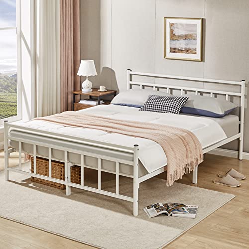 GreenForest Full Size Bed Frame with Headboard Metal Platform Bed Heavy Duty No-Noise Steel Slats Support Mattress Foundation, No Box Spring Needed, White