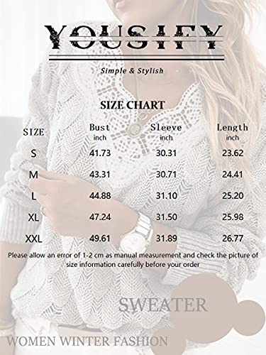 Yousify Women Lace V Neck Long Sleeve Pullover Sweaters Lightweight Knit Solid Color Novelty Jumper Tops