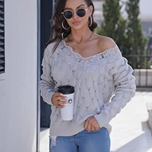 Yousify Women Lace V Neck Long Sleeve Pullover Sweaters Lightweight Knit Solid Color Novelty Jumper Tops