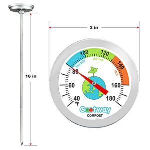 Rukars Compost Thermometer, 16 Inch Stem Backyard Compost Thermometer, Waterproof Soil Temperature Thermometer for Compost, Stainless Steel, with Composting Temperature Guide, 40-180 Degrees F