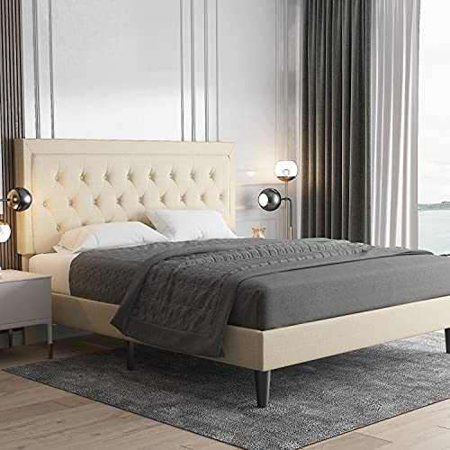 Allewie Queen Size Button Tufted Platform Bed Frame/Fabric Upholstered Bed Frame with Adjustable Headboard/Wood Slat Support/Mattress Foundation/Beige (Queen)