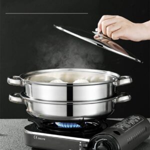 Steamer Set Hot Pot Glass Lid Soup Base Korean BBQ Multi Cooker Stainless Steel Pot Set (2 Tier Steamer)