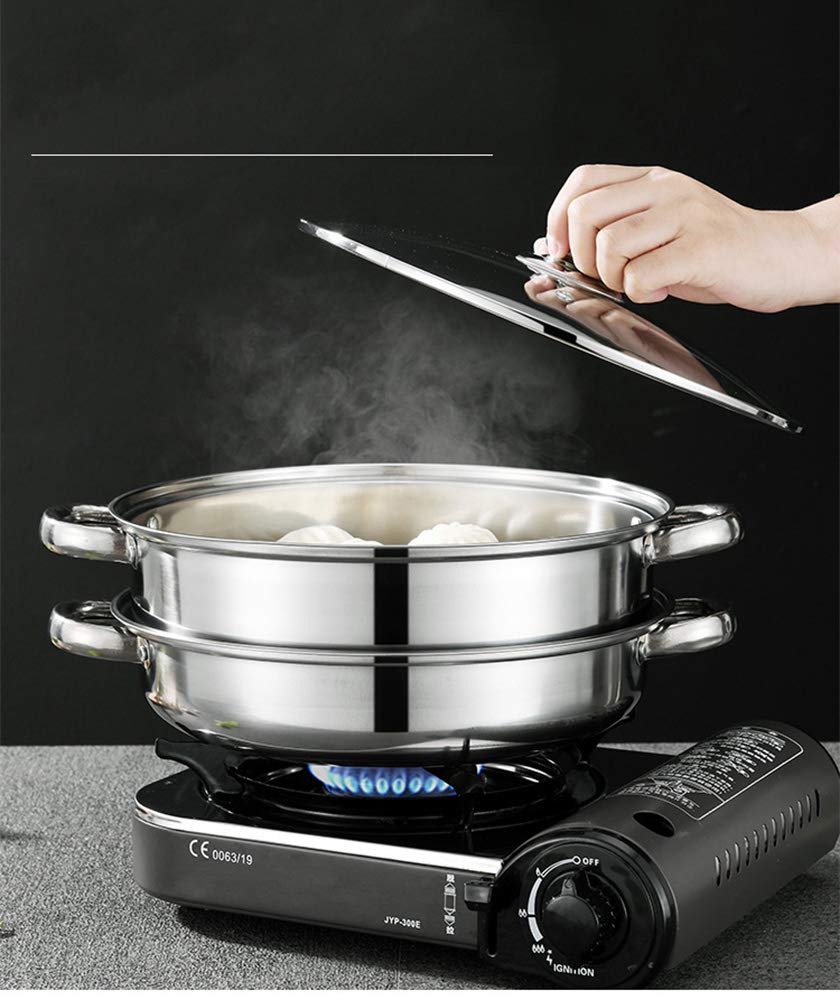 Steamer Set Hot Pot Glass Lid Soup Base Korean BBQ Multi Cooker Stainless Steel Pot Set (2 Tier Steamer)