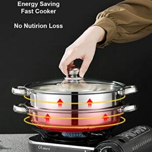 Steamer Set Hot Pot Glass Lid Soup Base Korean BBQ Multi Cooker Stainless Steel Pot Set (2 Tier Steamer)