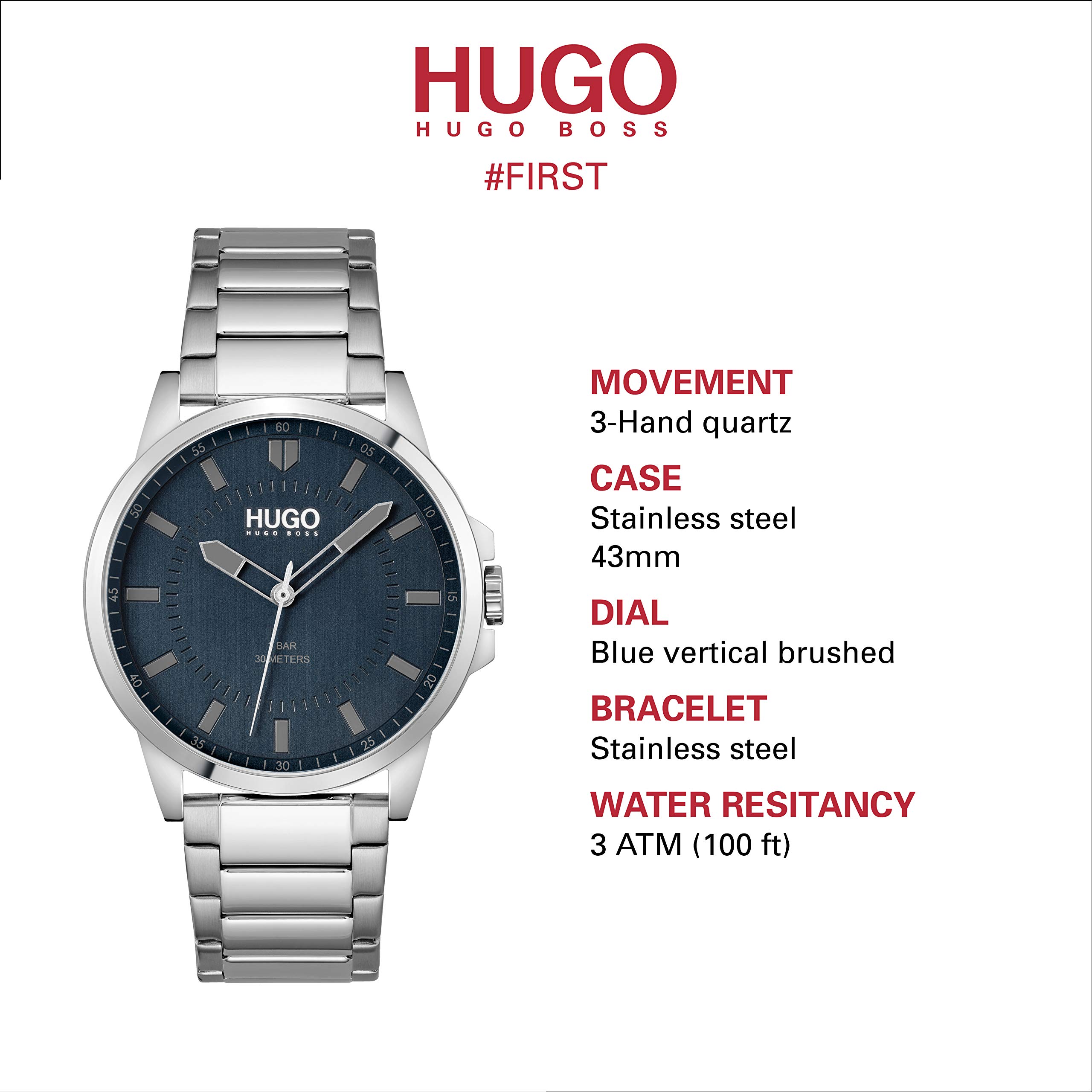 HUGO #First Men's Quartz Stainless Steel and Link Bracelet Casual Watch, Color: Silver (Model: 1530186)