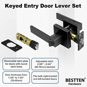 BESTTEN Heavy Duty Entry Door Lever for Exterior and Interior Use, Matte Black Square Door Handle, Commercial and Residential, Monaco Series