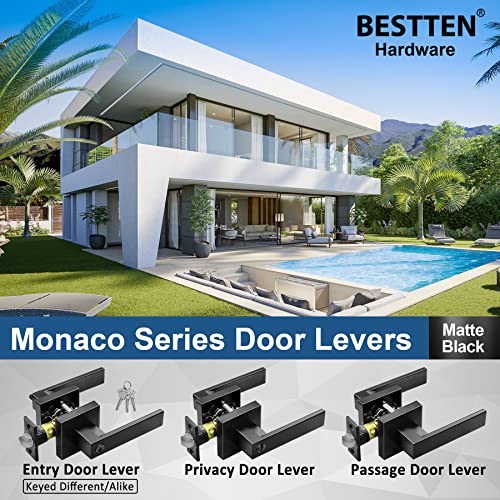 BESTTEN Heavy Duty Entry Door Lever for Exterior and Interior Use, Matte Black Square Door Handle, Commercial and Residential, Monaco Series