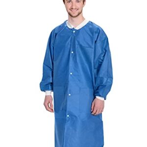 EZGOODZ Disposable Lab Coats for Adults Medium, Blue SMS Waterproof Disposable Clothing 10 Pack, Breathable and Light Lab Coats Disposable 40 GSM with Knit Wrists, Collar, Front Snaps, 3 Pockets