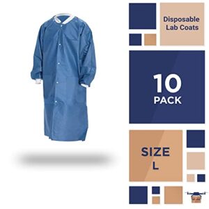 EZGOODZ Disposable Lab Coats for Adults Medium, Blue SMS Waterproof Disposable Clothing 10 Pack, Breathable and Light Lab Coats Disposable 40 GSM with Knit Wrists, Collar, Front Snaps, 3 Pockets