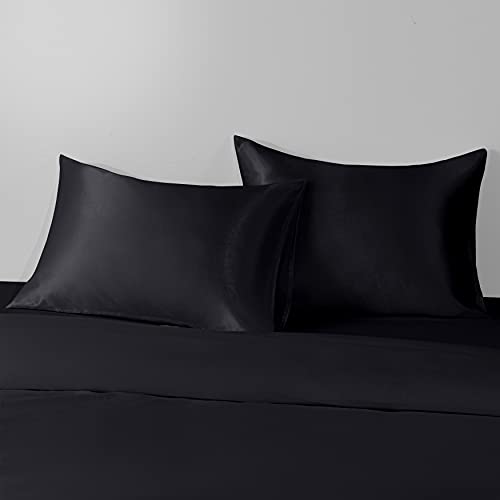 BEDSUM 2 Pack King Silk Satin Pillowcases for Hair and Skin, Silky Soft and Luxurious Bedding Pillow Cases with Envelope Closure, 20x36 Inches, Black