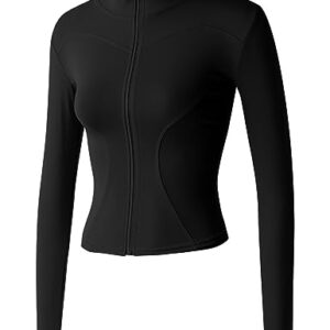 Locachy Women's Lightweight Stretchy Workout Full Zip Running Track Jacket with Thumb Holes Black M