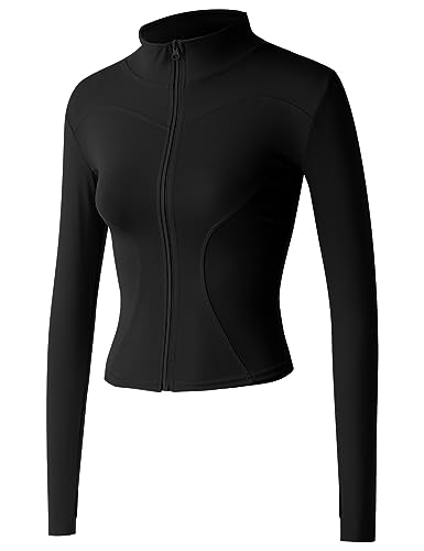 Locachy Women's Lightweight Stretchy Workout Full Zip Running Track Jacket with Thumb Holes Black M