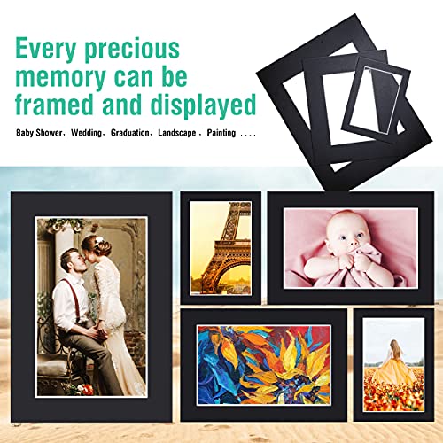 Acid Free 25 Pack 11x14 Pre-Cut Mat Board Show Kit for 8x10 Photos, Prints or Artworks, 25 Core Bevel Cut Matts and 25 Backing Boards and 25 Crystal Plastic Bags, Black