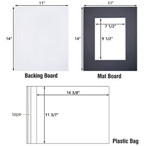 Acid Free 25 Pack 11x14 Pre-Cut Mat Board Show Kit for 8x10 Photos, Prints or Artworks, 25 Core Bevel Cut Matts and 25 Backing Boards and 25 Crystal Plastic Bags, Black