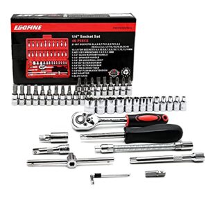 Egofine 46 Pieces 1/4 inch Drive Socket Ratchet Wrench Set, with Bit Socket Set Metric and Extension Bar for Auto Repairing and Household, with Storage Case