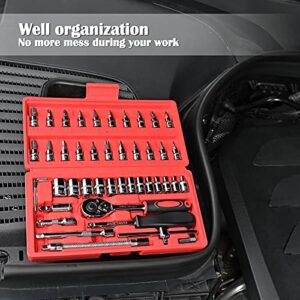 Egofine 46 Pieces 1/4 inch Drive Socket Ratchet Wrench Set, with Bit Socket Set Metric and Extension Bar for Auto Repairing and Household, with Storage Case