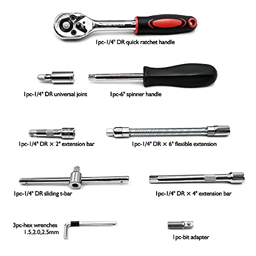 Egofine 46 Pieces 1/4 inch Drive Socket Ratchet Wrench Set, with Bit Socket Set Metric and Extension Bar for Auto Repairing and Household, with Storage Case