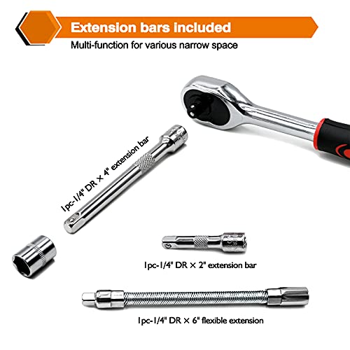 Egofine 46 Pieces 1/4 inch Drive Socket Ratchet Wrench Set, with Bit Socket Set Metric and Extension Bar for Auto Repairing and Household, with Storage Case