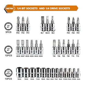 Egofine 46 Pieces 1/4 inch Drive Socket Ratchet Wrench Set, with Bit Socket Set Metric and Extension Bar for Auto Repairing and Household, with Storage Case