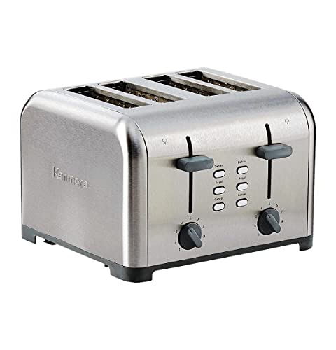 Kenmore 4-Slice Toaster, Stainless Steel, Dual Controls, Extra Wide Slots, Bagel and Defrost Functions, 9 Browning Levels, Removable Crumb Trays, for Bread, Toast, English Muffin, Toaster Strudel