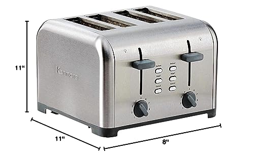 Kenmore 4-Slice Toaster, Stainless Steel, Dual Controls, Extra Wide Slots, Bagel and Defrost Functions, 9 Browning Levels, Removable Crumb Trays, for Bread, Toast, English Muffin, Toaster Strudel