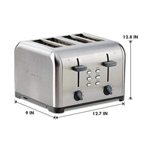 Kenmore 4-Slice Toaster, Stainless Steel, Dual Controls, Extra Wide Slots, Bagel and Defrost Functions, 9 Browning Levels, Removable Crumb Trays, for Bread, Toast, English Muffin, Toaster Strudel