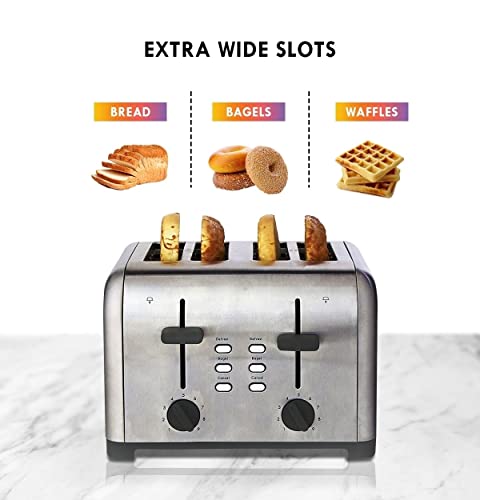 Kenmore 4-Slice Toaster, Stainless Steel, Dual Controls, Extra Wide Slots, Bagel and Defrost Functions, 9 Browning Levels, Removable Crumb Trays, for Bread, Toast, English Muffin, Toaster Strudel