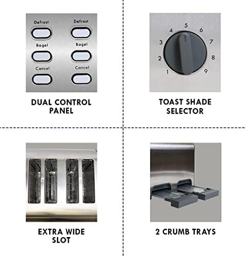 Kenmore 4-Slice Toaster, Stainless Steel, Dual Controls, Extra Wide Slots, Bagel and Defrost Functions, 9 Browning Levels, Removable Crumb Trays, for Bread, Toast, English Muffin, Toaster Strudel