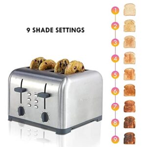 Kenmore 4-Slice Toaster, Stainless Steel, Dual Controls, Extra Wide Slots, Bagel and Defrost Functions, 9 Browning Levels, Removable Crumb Trays, for Bread, Toast, English Muffin, Toaster Strudel