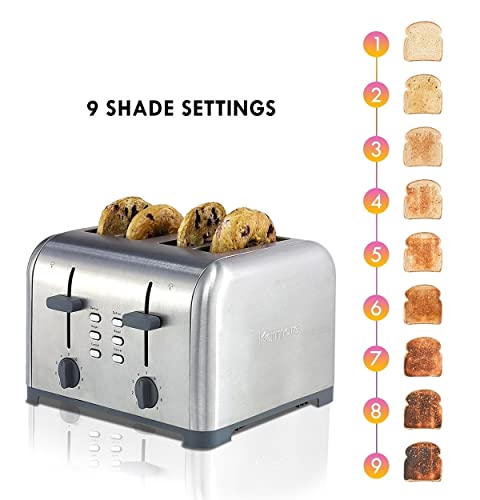 Kenmore 4-Slice Toaster, Stainless Steel, Dual Controls, Extra Wide Slots, Bagel and Defrost Functions, 9 Browning Levels, Removable Crumb Trays, for Bread, Toast, English Muffin, Toaster Strudel