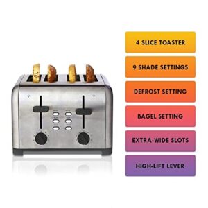 Kenmore 4-Slice Toaster, Stainless Steel, Dual Controls, Extra Wide Slots, Bagel and Defrost Functions, 9 Browning Levels, Removable Crumb Trays, for Bread, Toast, English Muffin, Toaster Strudel