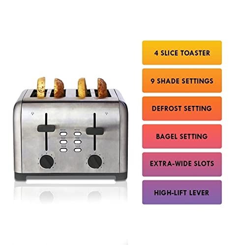 Kenmore 4-Slice Toaster, Stainless Steel, Dual Controls, Extra Wide Slots, Bagel and Defrost Functions, 9 Browning Levels, Removable Crumb Trays, for Bread, Toast, English Muffin, Toaster Strudel