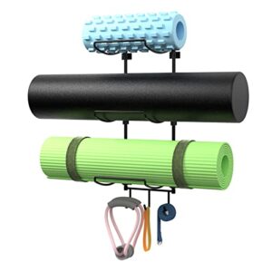 suchek yoga mat holder wall mount, wall rack storage for yoga mat, yoga tiles, foam roller, with 3 hooks for hanging yoga strap, resistance bands, home gym decor for home gym organization (black)