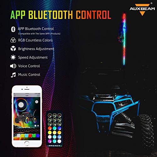 Auxbeam RGB LED Rock Lights 4 Pods + 3FT RGB LED Lighted Whips w/Brake & Turn Signal Light 2Pcs, Bluetooth Multicolor Neon Accent Lights Replacement for Jeep ATV UTV SUV Trucks Boat