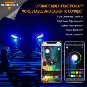 Auxbeam RGB LED Rock Lights 4 Pods + 3FT RGB LED Lighted Whips w/Brake & Turn Signal Light 2Pcs, Bluetooth Multicolor Neon Accent Lights Replacement for Jeep ATV UTV SUV Trucks Boat