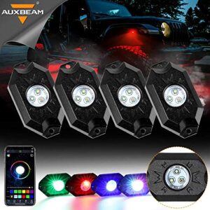 Auxbeam RGB LED Rock Lights 4 Pods + 3FT RGB LED Lighted Whips w/Brake & Turn Signal Light 2Pcs, Bluetooth Multicolor Neon Accent Lights Replacement for Jeep ATV UTV SUV Trucks Boat