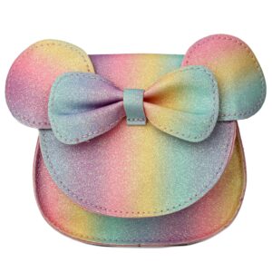 hxq little mouse ear bow crossbody purse,pu shoulder handbag for kids girls toddlers(rainbow pink)