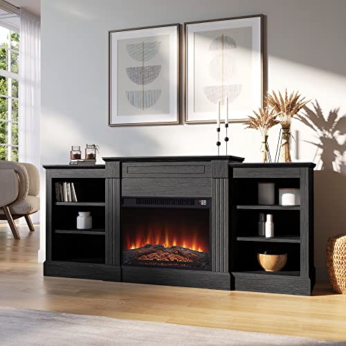 Della Electric Faux Fireplace TV Stand Heater, Entertainment Center with Built-In Bookshelves and Cabinets, Remote Control and Enhanced Log Display - Gray