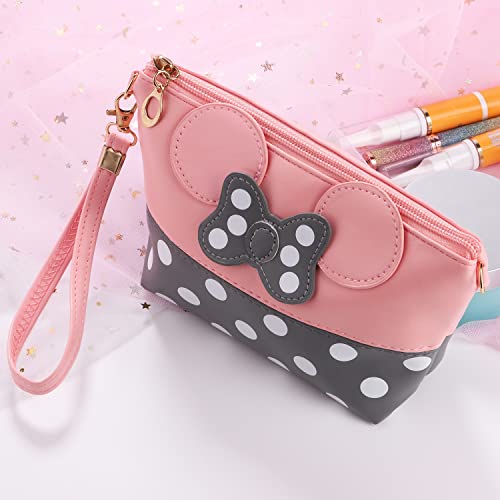 yiwoo 2 Pack Cosmetic Bag Mouse Ears Bag with Zipper,Cartoon Leather Travel Makeup Handbag with Bow-knot, Cute Portable Toiletry Pouch for Women Teen Girls Kids（Pink&Black）