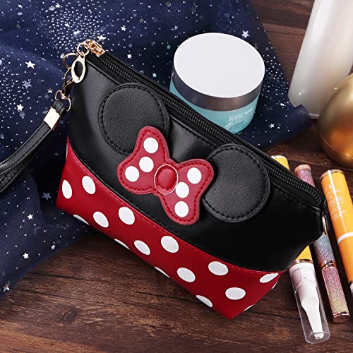 yiwoo 2 Pack Cosmetic Bag Mouse Ears Bag with Zipper,Cartoon Leather Travel Makeup Handbag with Bow-knot, Cute Portable Toiletry Pouch for Women Teen Girls Kids（Pink&Black）