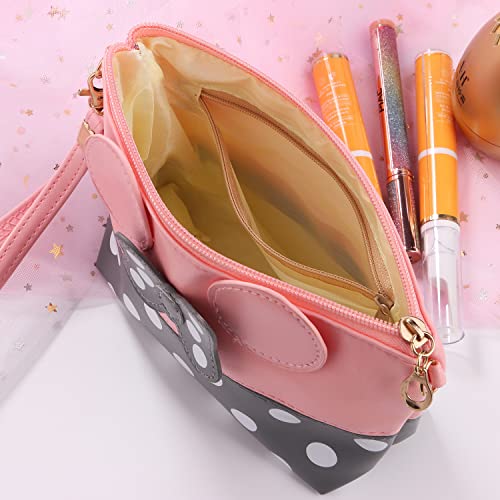 yiwoo 2 Pack Cosmetic Bag Mouse Ears Bag with Zipper,Cartoon Leather Travel Makeup Handbag with Bow-knot, Cute Portable Toiletry Pouch for Women Teen Girls Kids（Pink&Black）