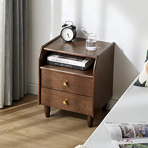 ESPSENT Modern 2-Drawer Nightstand Solid Wood Sofa Side End Table with Storage Compartment and Legs (Dark Walnut)