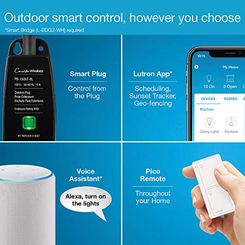 Lutron Caseta Weatherproof+ Outdoor Smart Plug and Pico Smart Remote | for Landscape and String Lighting | P-PKG1OUT-BL | Black