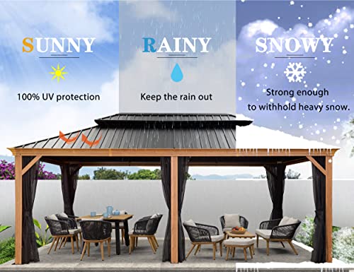 PURPLE LEAF 12' X 20' Outdoor Hardtop Gazebo for Patio Galvanized Steel Double Roof Permanent Canopy Teak Finish Coated Aluminum Frame Pavilion Gazebo with Netting