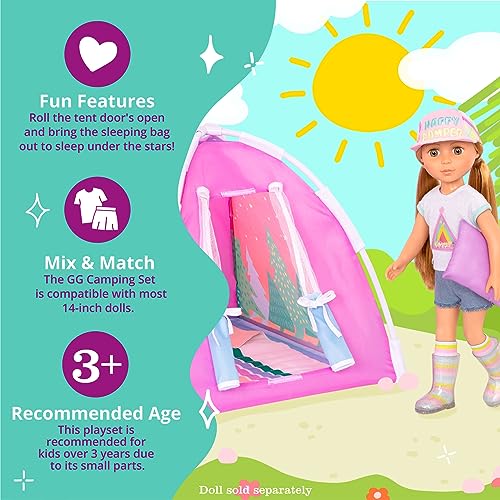 Glitter Girls – Camping Set – Colorful Play Tent & Rainbow Sleeping Bag with Pillow – 14-inch Doll Accessories for Kids Ages 3 and Up – Children’s Toys