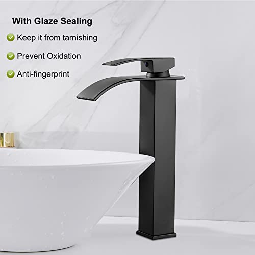 Midanya Tall Waterfall Bathroom Bowl Vessl Sink Faucet Matte Black Single Handle Single Hole Deck Mount Mixer Tap with Large Rectangular Spout Sink Faucet Lavatory Vanity